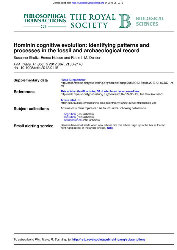 (PDF) Hominin cognitive evolution: identifying patterns and processes ...