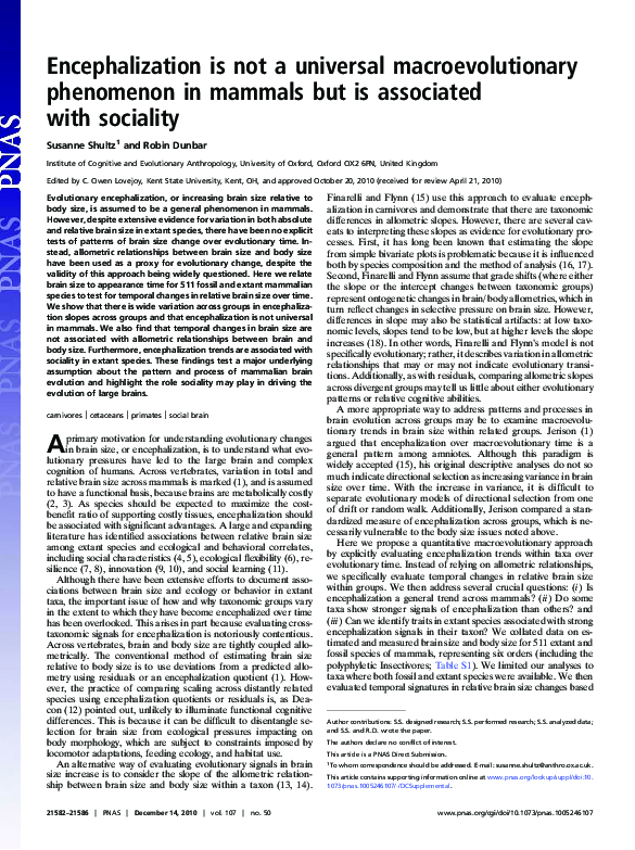 (PDF) Encephalization is not a universal macroevolutionary phenomenon ...