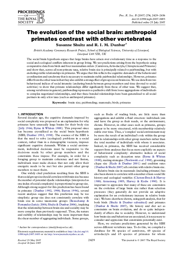 (PDF) The evolution of the social brain: anthropoid primates contrast ...