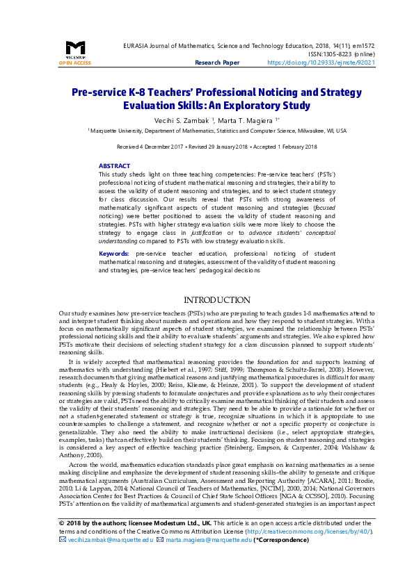 (PDF) Pre-service K-8 Teachers’ Professional Noticing and Strategy ...