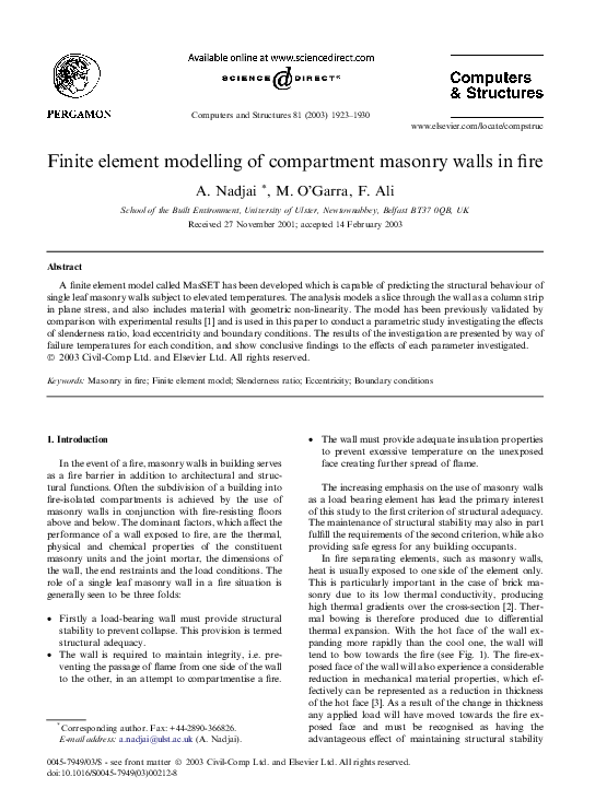 Pdf Finite Element Modelling Of Compartment Masonry Walls In Fire