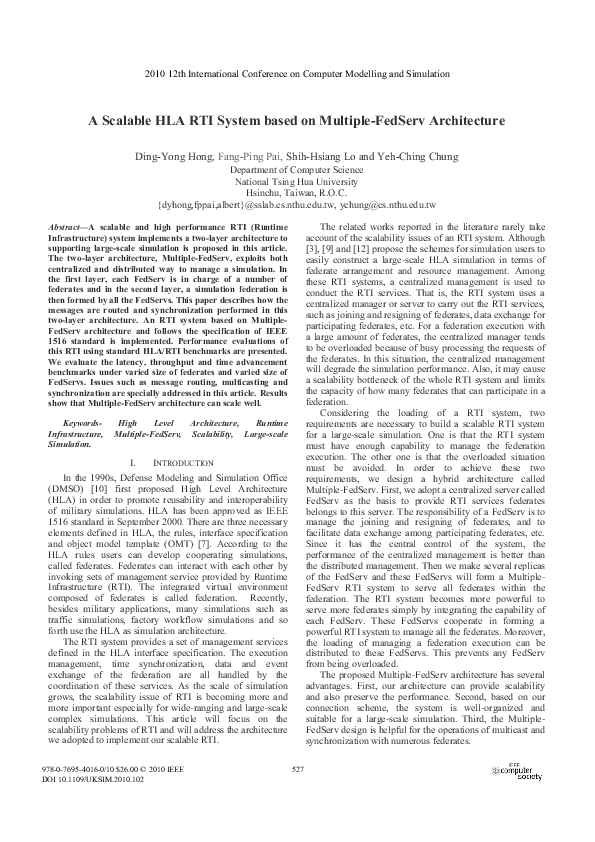 Pdf A Scalable Hla Rti System Based On Multiple Fedserv Architecture