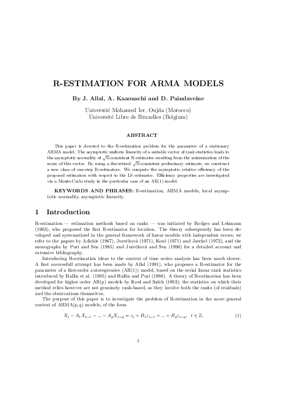 (PDF) R-estimation for arma models
