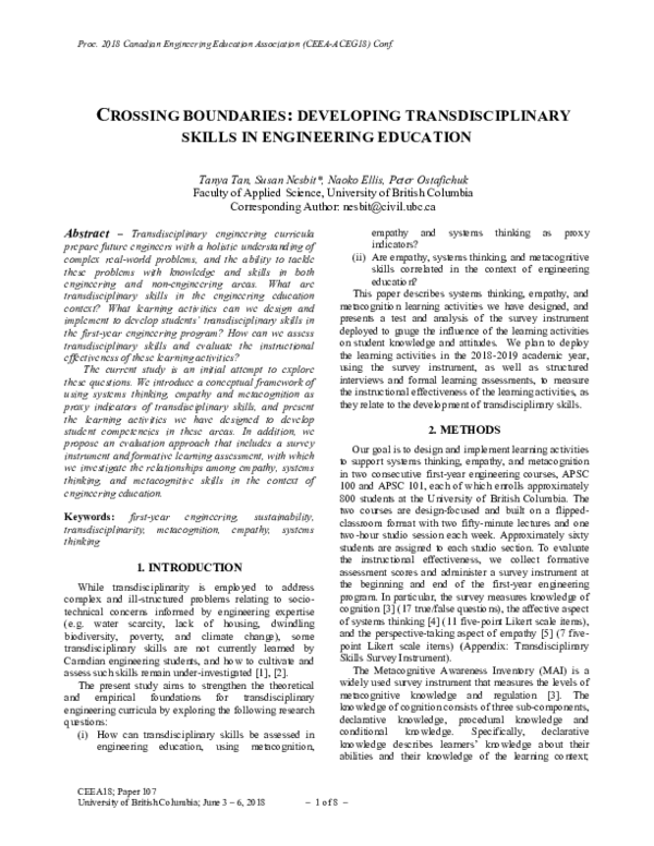 (PDF) Crossing Boundaries: Developing Transdisciplinary Skills in Engineering Education