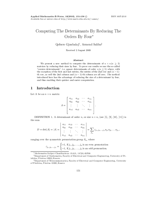 (PDF) Qefsere Gjonbalaj, Armend Salihu “Computing the determinants of n x n (n ≥ 5) matrices by ...