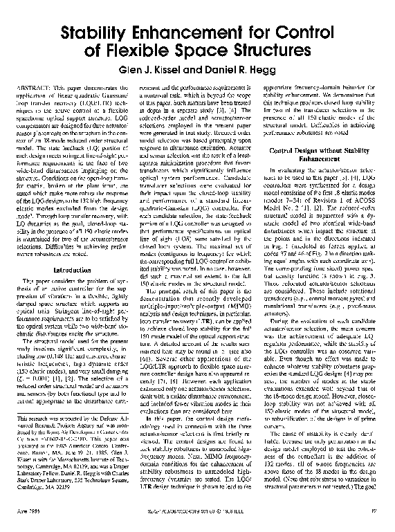 (PDF) Stability enhancement for control of flexible space structures