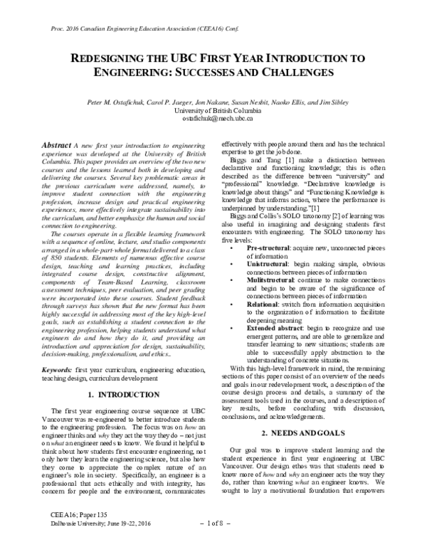 (PDF) Redesigning the Ubc First Year Introduction to Engineering: Successes and Challenges