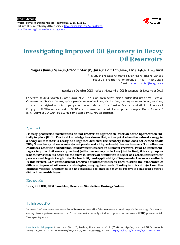 (PDF) Investigating Improved Oil Recovery in Heavy Oil Reservoirs