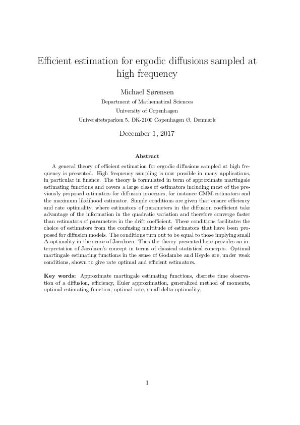 Pdf Efficient Estimation For Ergodic Diffusions Sampled At High Frequency