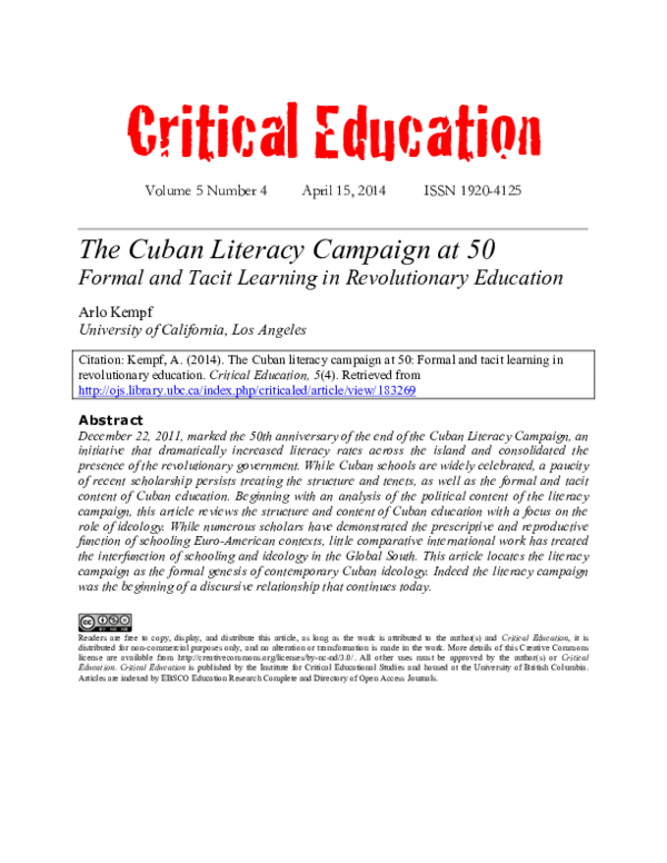 (PDF) The Cuban Literacy Campaign at 50: Formal and Tacit Learning in ...