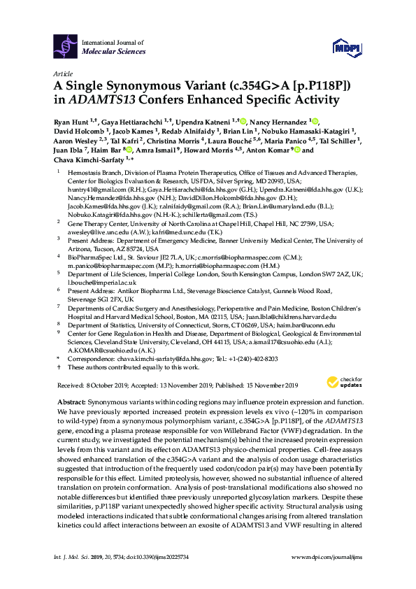 (PDF) A Single Synonymous Variant (c.354G>A [p.P118P]) in ADAMTS13 Confers Enhanced Specific ...