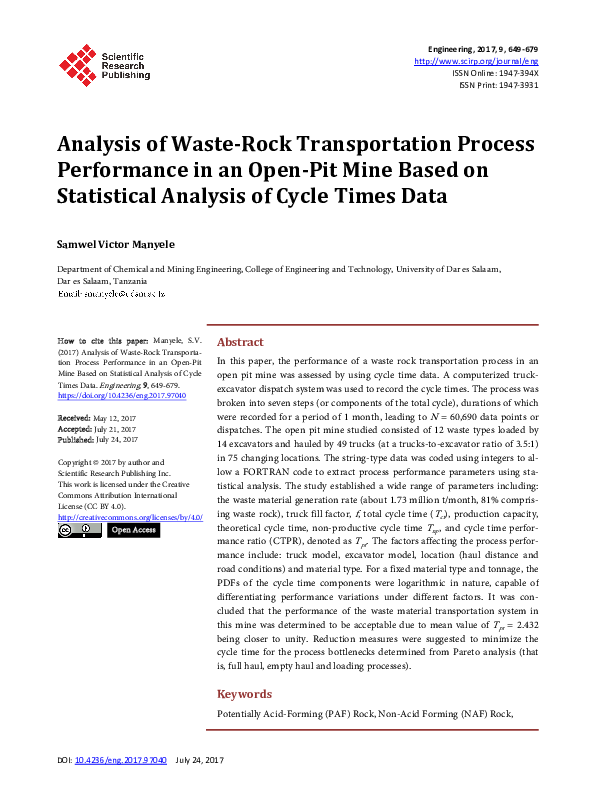 (PDF) Analysis of Waste-Rock Transportation Process Performance in an ...