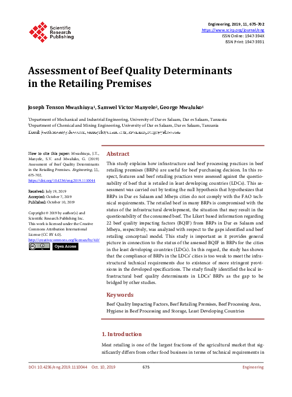 (PDF) Assessment of Beef Quality Determinants in the Retailing Premises