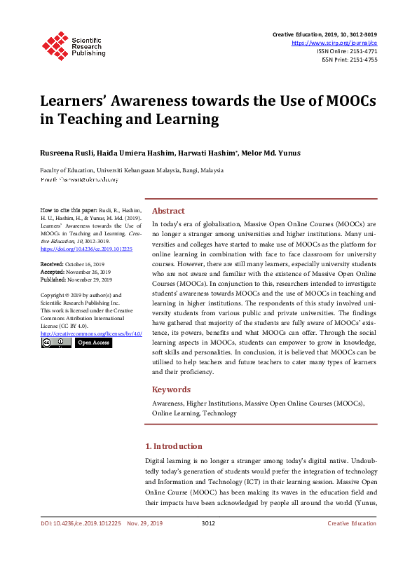 (PDF) Learners’ Awareness towards the Use of MOOCs in Teaching and Learning