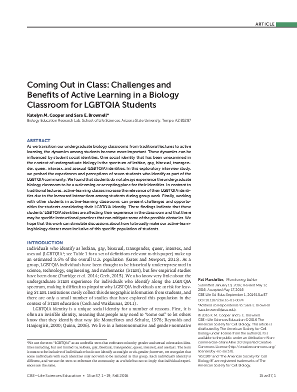 (PDF) Coming Out in Class: Challenges and Benefits of Active Learning ...