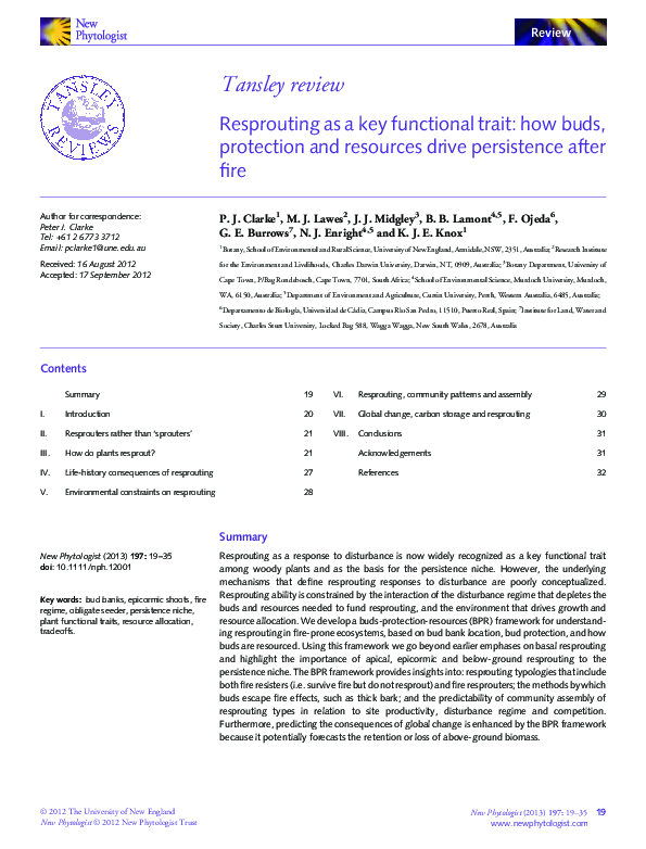 (PDF) Resprouting as a key functional trait: how buds, protection and ...