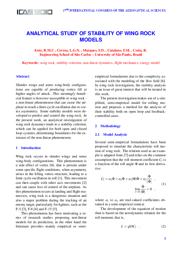 (PDF) Analytical Study of Stability of Wing Rock Models