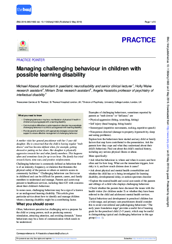 (PDF) Managing challenging behaviour in children with possible learning ...
