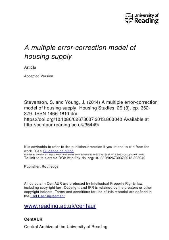 Pdf A Multiple Error Correction Model Of Housing Supply