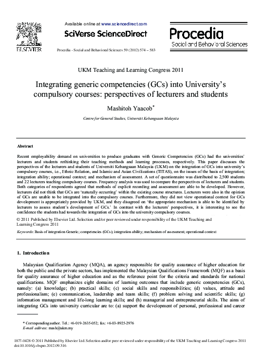 (PDF) Integrating Generic Competencies (GCs) into University's ...