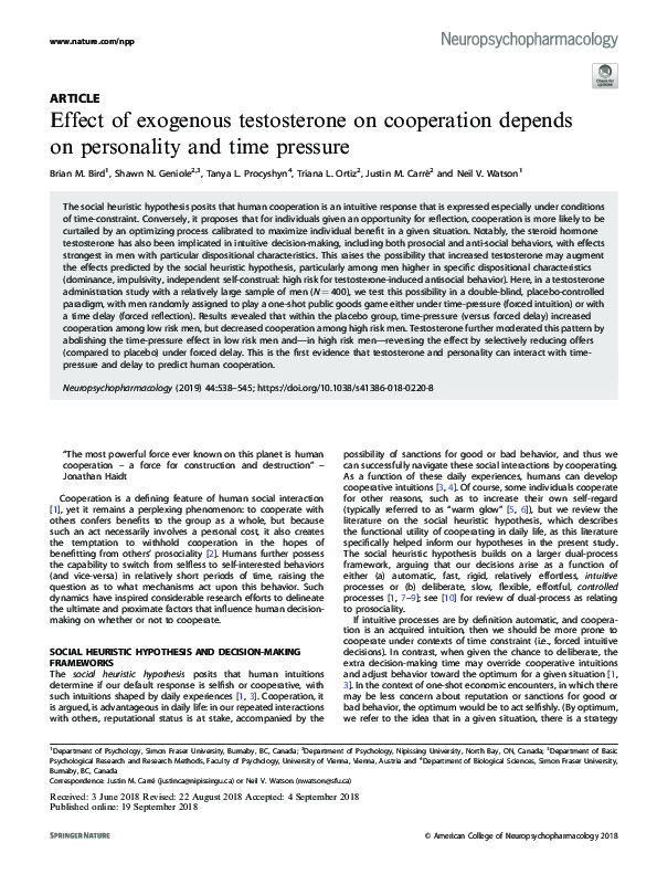 (PDF) Effect of exogenous testosterone on cooperation depends on ...