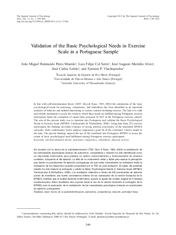 Pdf Validation Of The Basic Psychological Needs In Exercise Scale In A Portuguese Sample