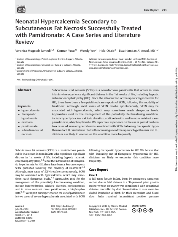 (PDF) Neonatal Hypercalcemia Secondary to Subcutaneous Fat Necrosis ...