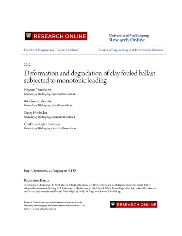 (PDF) Deformation and Degradation of Clay fouled Ballast Subjected to ...