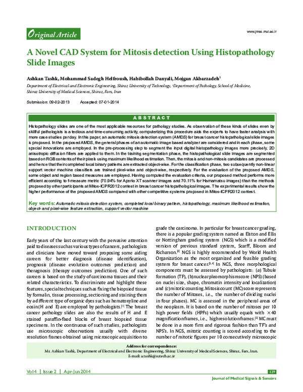 Pdf A Novel Cad System For Mitosis Detection Using Histopathology Slide Images