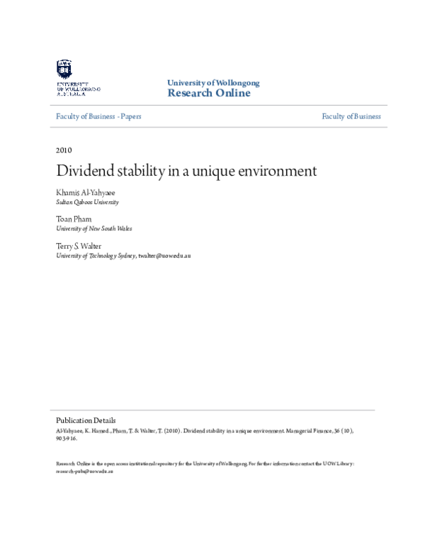 (PDF) Dividend stability in a unique environment