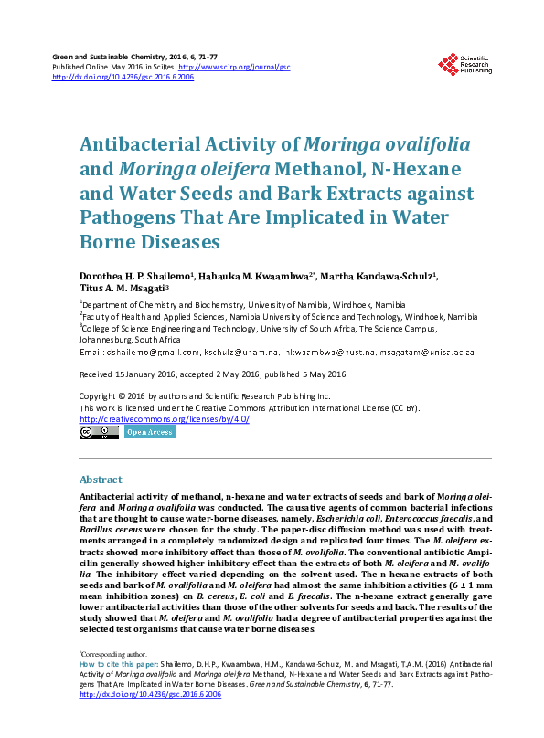 (PDF) Antibacterial Activity of Moringa ovalifolia and Moringa oleifera Methanol, N-Hexane and ...