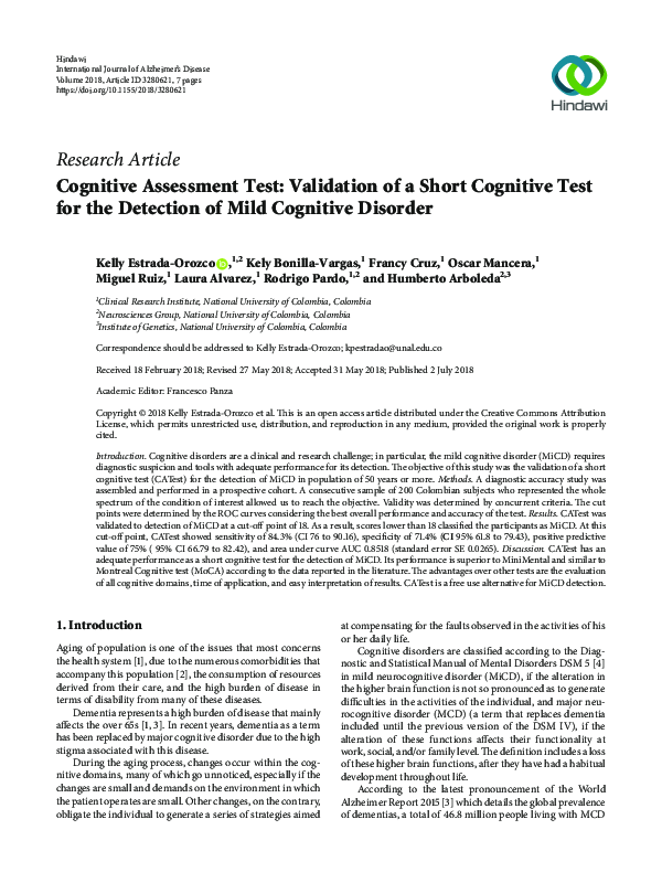 (PDF) Cognitive Assessment Test: Validation of a Short Cognitive Test ...