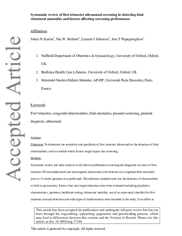 (PDF) Systematic review of first trimester ultrasound screening in ...
