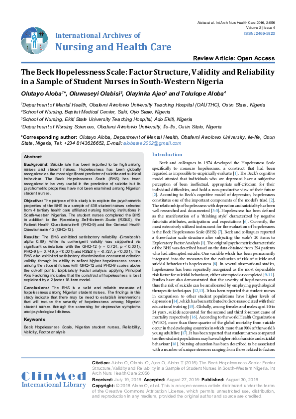 (PDF) The Beck Hopelessness Scale: Factor structure, validity and ...