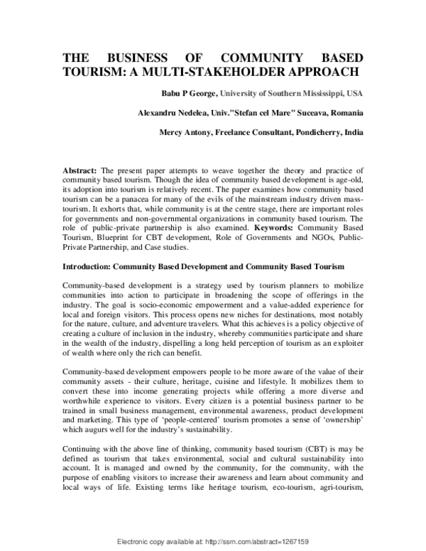 (PDF) The Business of Community Based Tourism: A Multi-Stakeholder Approach