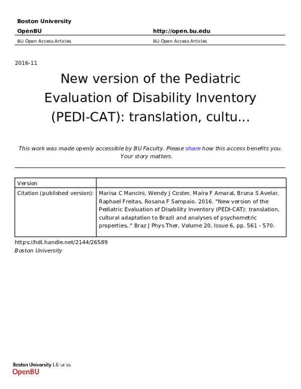 (PDF) New version of the Pediatric Evaluation of Disability Inventory ...