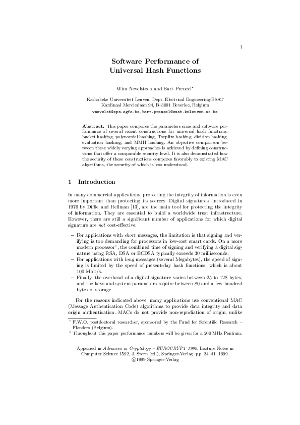 (PDF) Software Performance of Universal Hash Functions (PDF) Software Performance of Universal Hash Functions