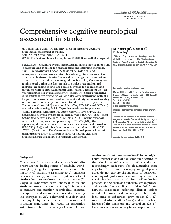 (PDF) Comprehensive cognitive neurological assessment in stroke