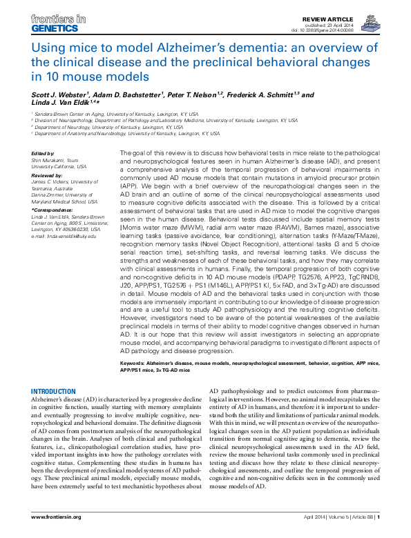 (PDF) Using mice to model Alzheimer's dementia: an overview of the ...