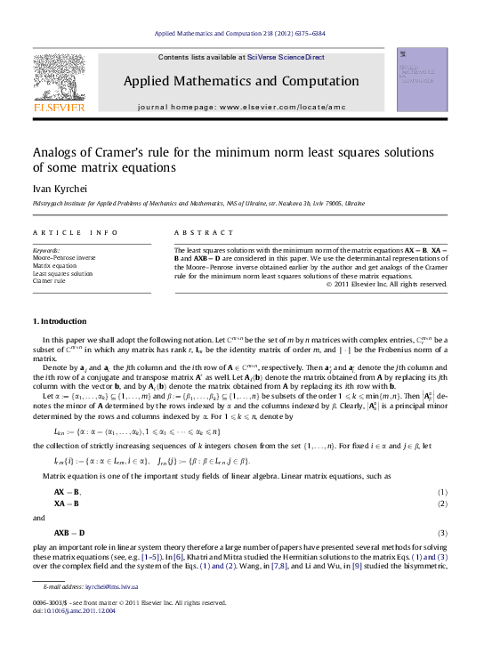 (PDF) Analogs of Cramer’s rule for the minimum norm least squares solutions of some matrix equations