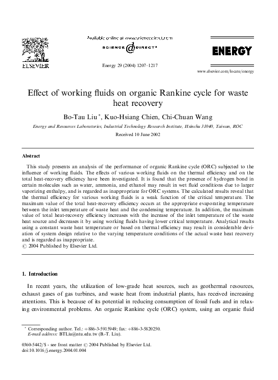 (PDF) Effect of working fluids on organic Rankine cycle for waste heat recovery
