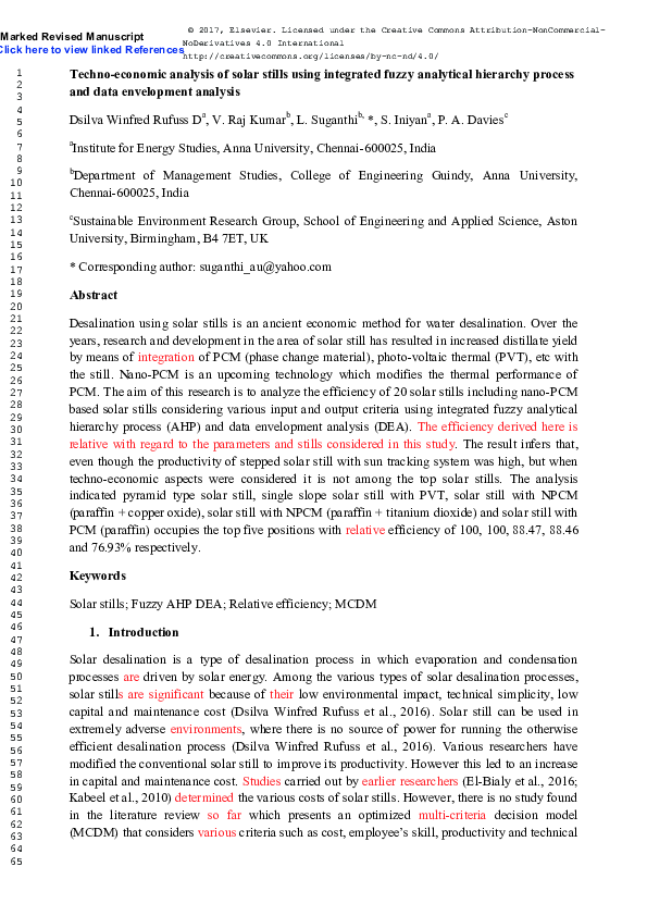 (PDF) Techno-economic analysis of solar stills using integrated fuzzy analytical hierarchy ...
