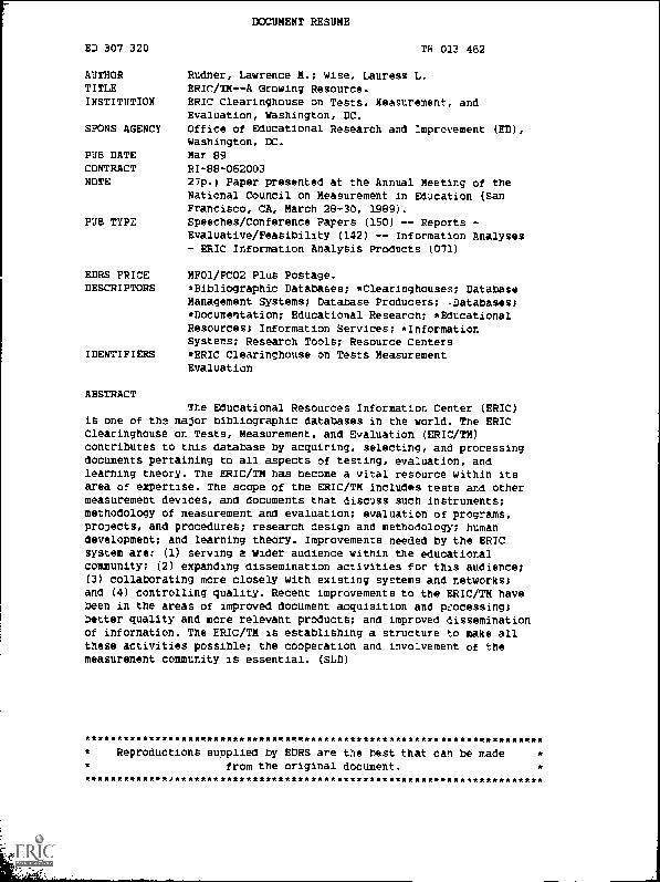 (PDF) ERIC/TM--A Growing Resource | Lawrence Rudner - Academia.edu