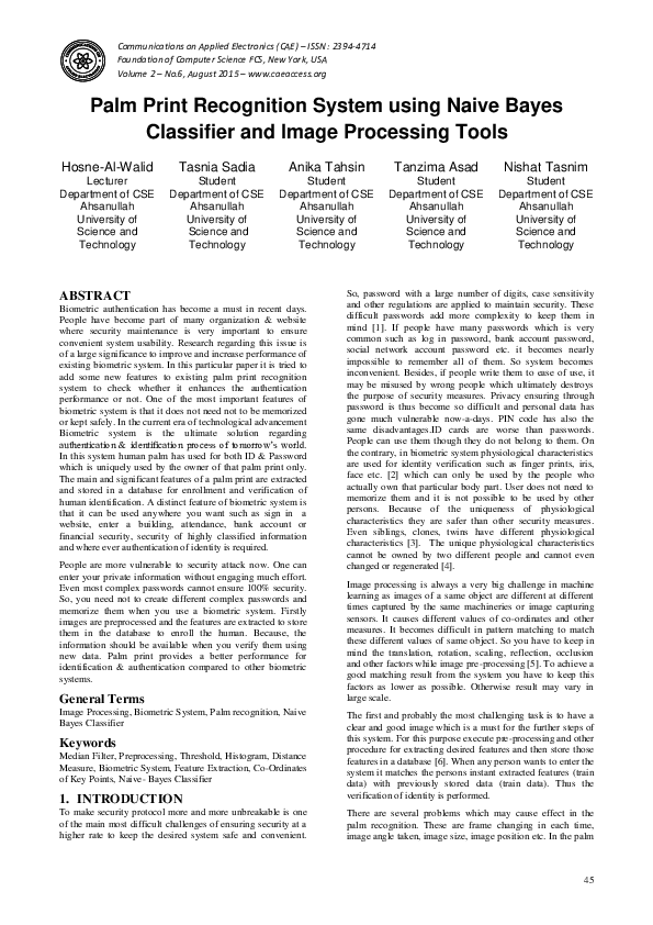 (PDF) Palm Print Recognition System using Naive Bayes Classifier and Image Processing Tools