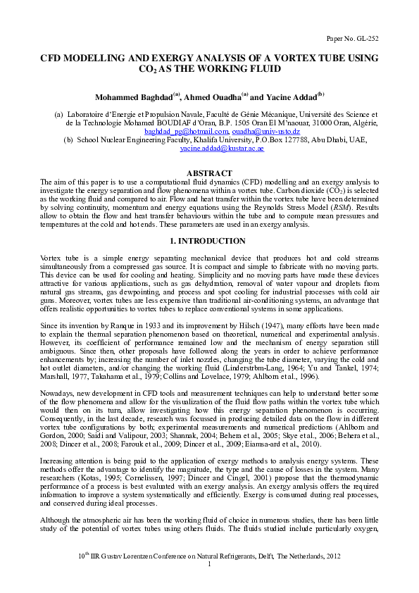 (PDF) CFD modelling and exergy analysis of a vortex tube using CO2 as ...