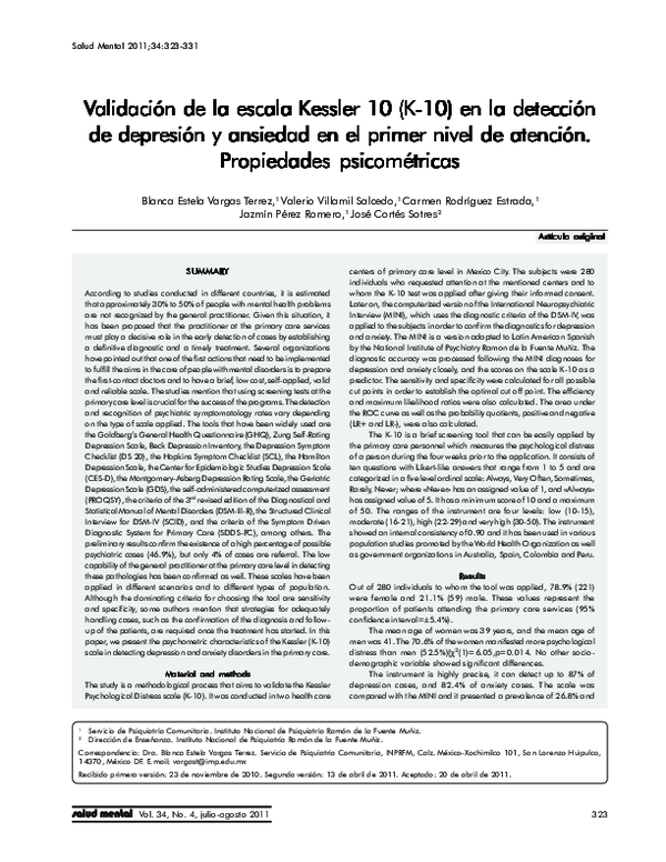(PDF) Validación de la escala Kessler 10 (K-10) en la detección de ...
