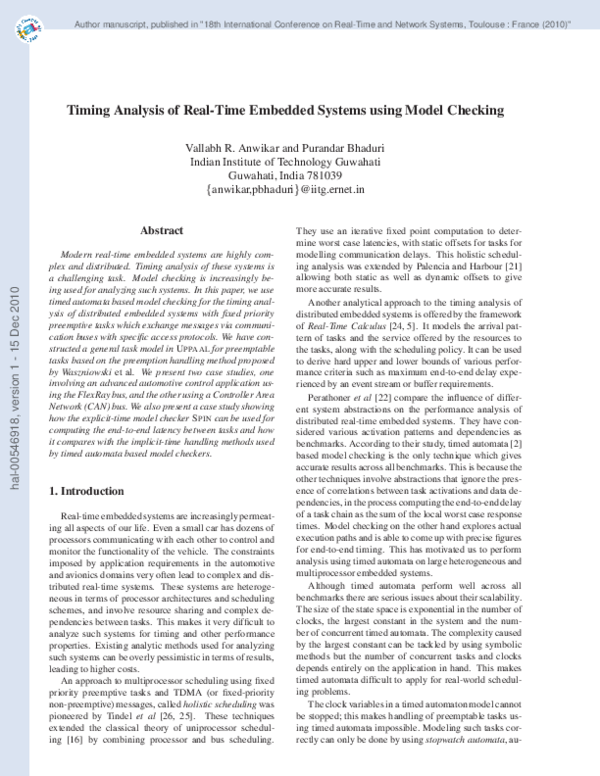 (PDF) Timing Analysis of Real-Time Embedded Systems using Model Checking