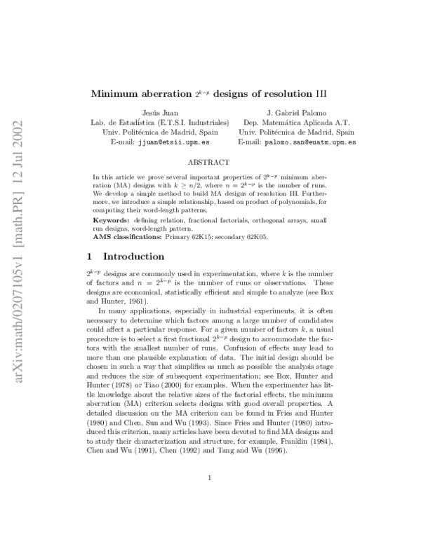 (PDF) Minimum aberration designs of resolution III