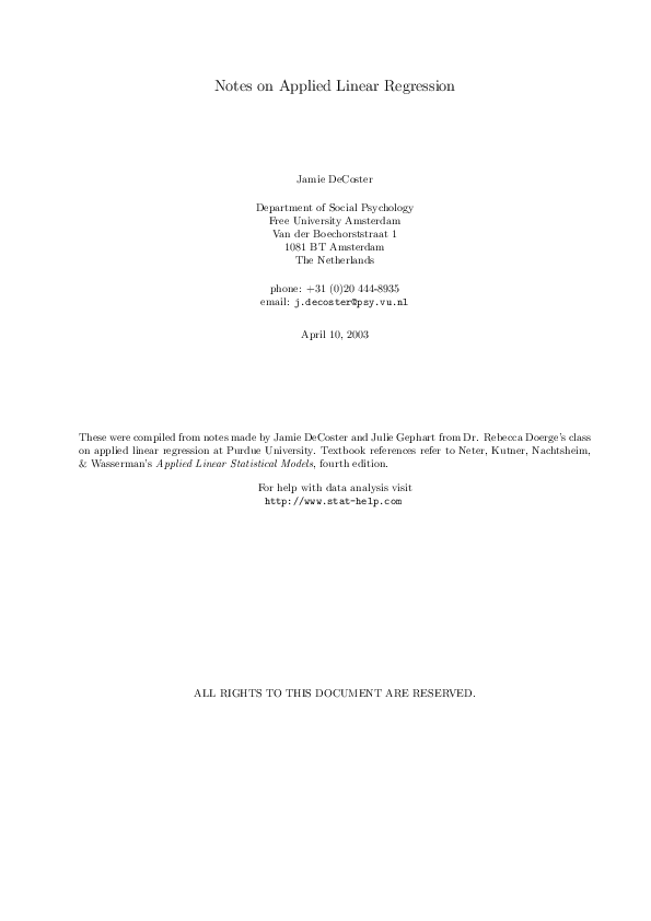 (PDF) Notes on Applied Linear Regression
