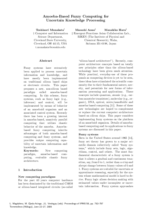 (PDF) Amoeba-Based Fuzzy Computing for Uncertain Knowledge Processing